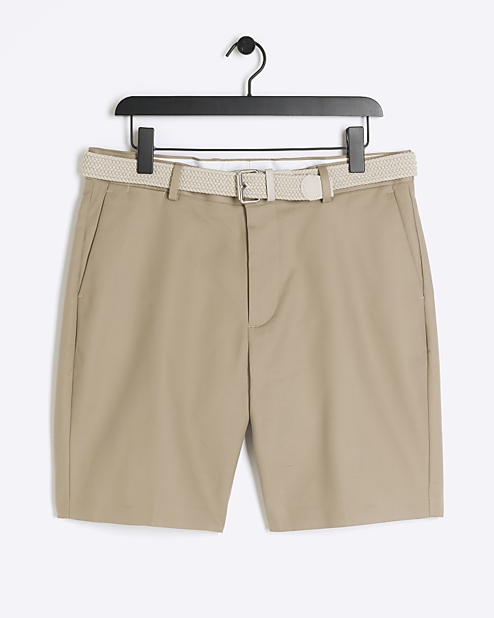 Beige slim fit belted chino shorts | River Island