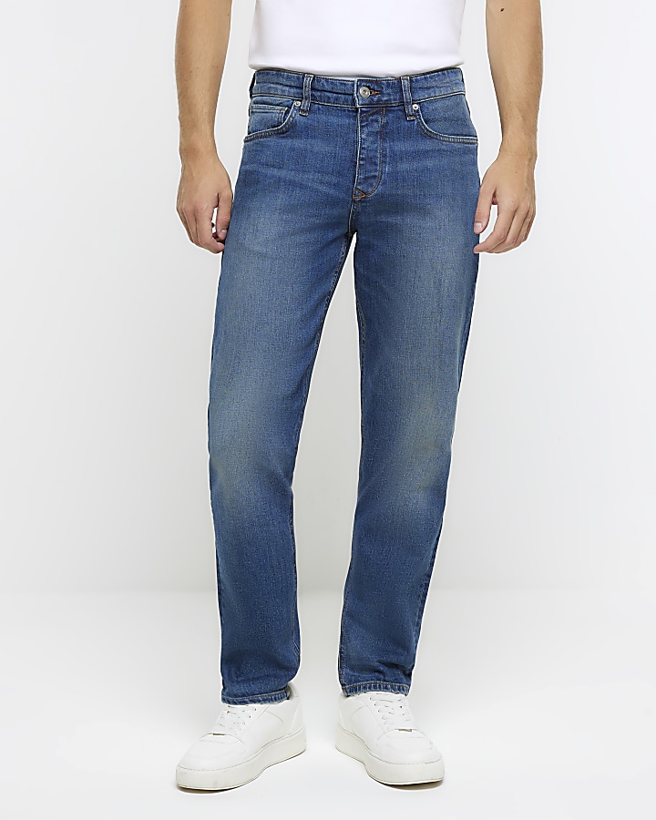 Dark blue slim fit faded jeans | River Island