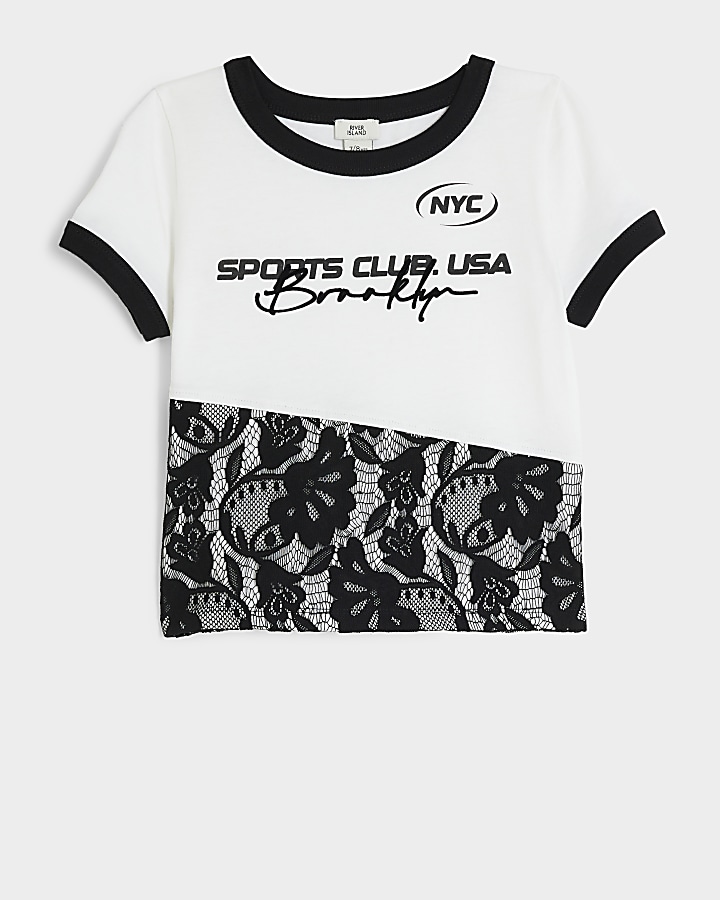 Girls White Lace Hem Graphic T-Shirt | River Island