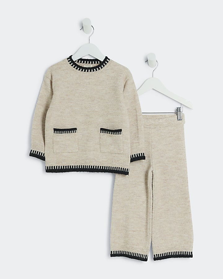Mini girls beige knit whipstitch jumper set | River Island
