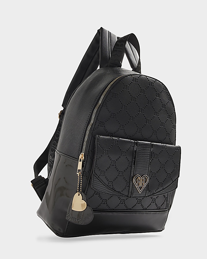 Girls black embossed monogram backpack | River Island