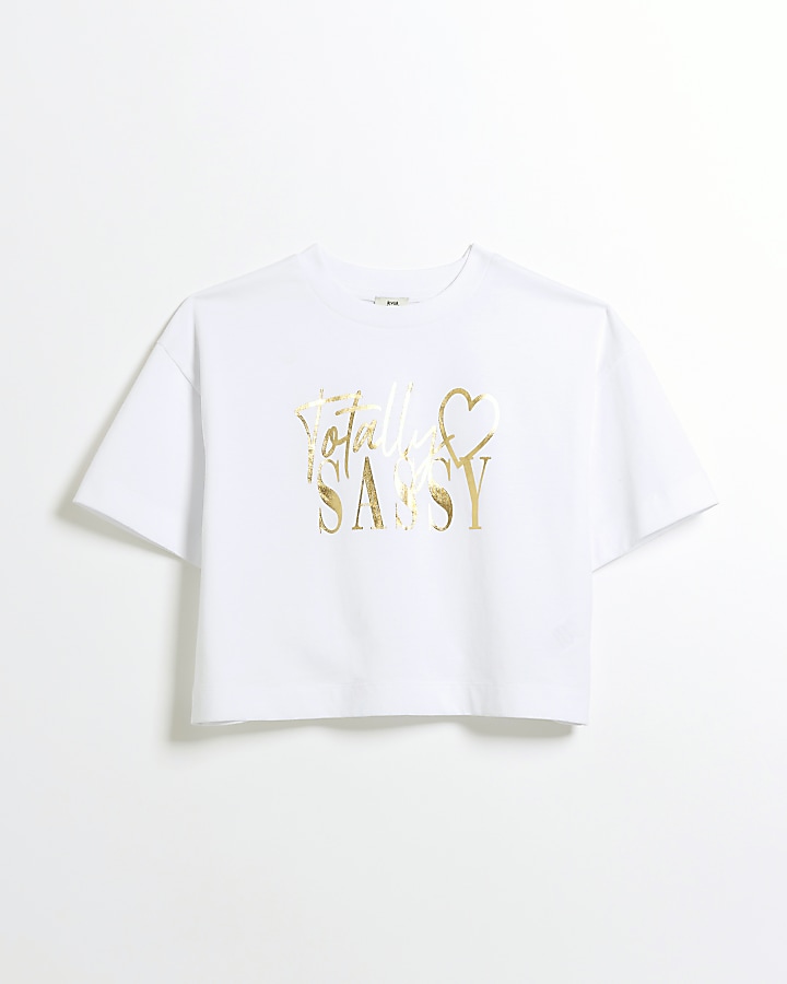 Girls White Graphic Print Crop T Shirt River Island