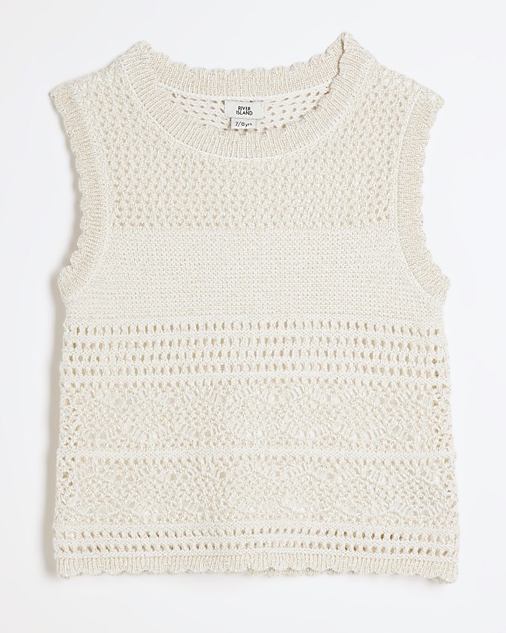 Girls cream crochet glitter tank top | River Island