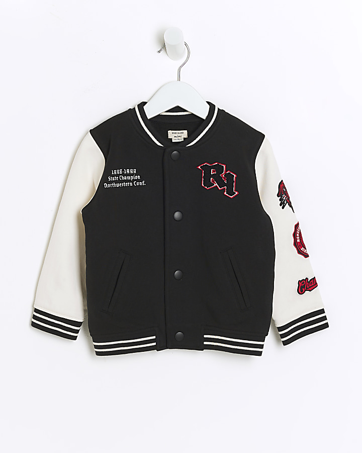 Mini boys black embroidered badge jacket | River Island