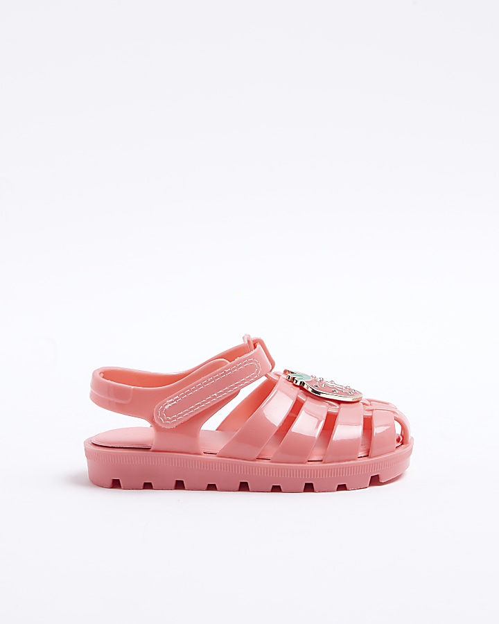 Mini girls pink strawberry jelly sandals | River Island