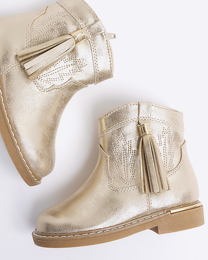 Mini girls gold tassel western boots | River Island