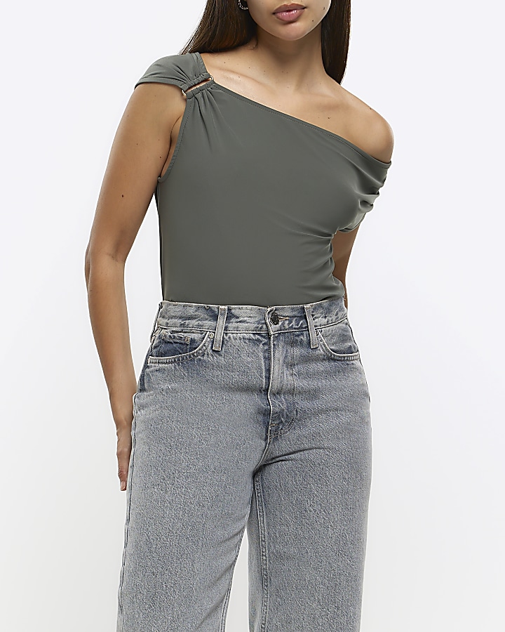 Khaki off shoulder drape top | River Island