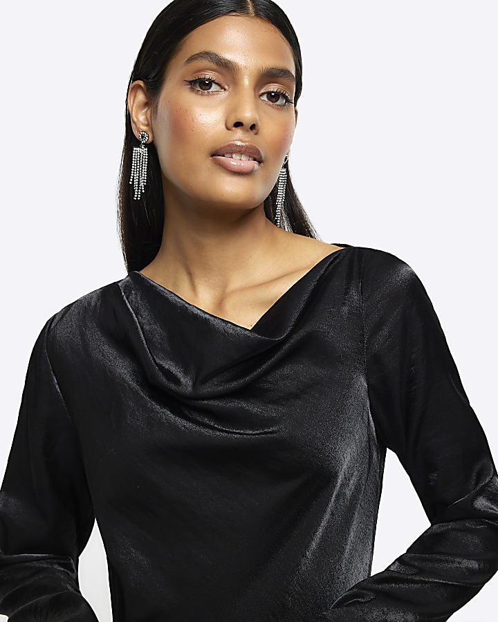 Black long sleeve cowl neck column dress | River Island