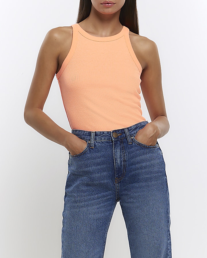 Orange ribbed racer vest top | River Island