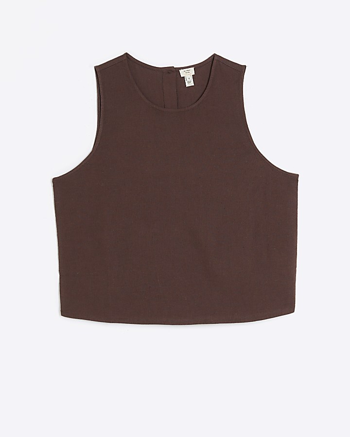 Brown button up sleeveless top with linen | River Island
