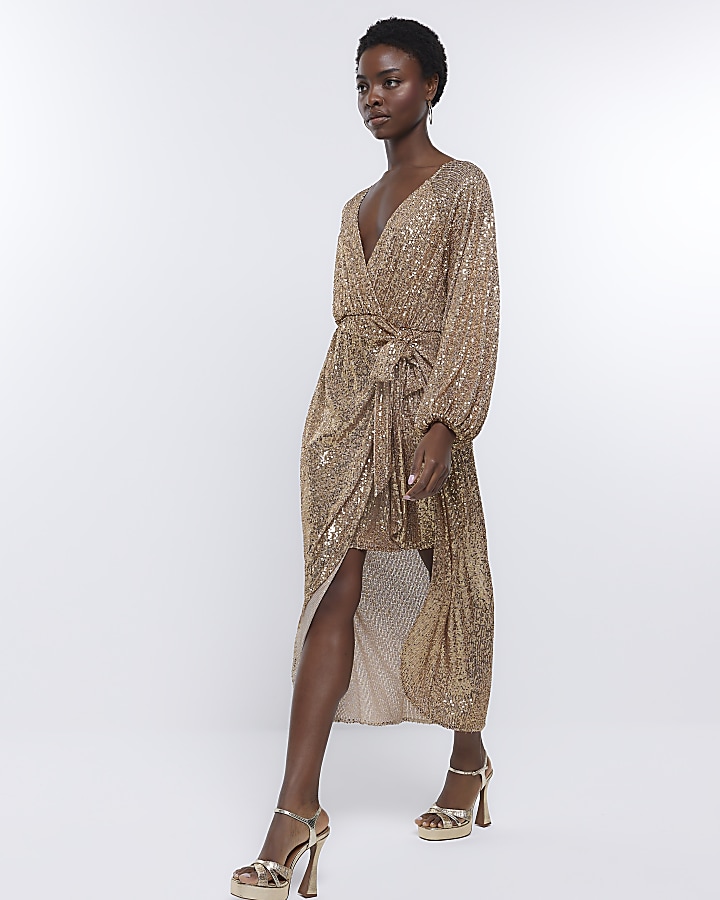 Gold sequin long sleeve wrap dress | River Island