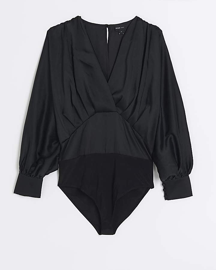 Black Satin Batwing Sleeve Bodysuit River Island