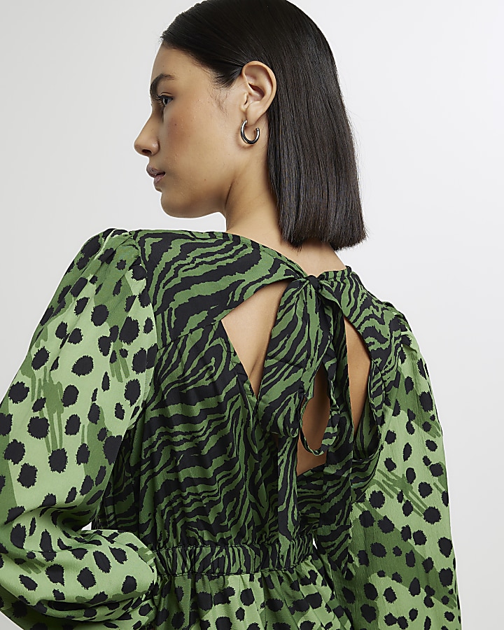 Green animal print swing midi dress | River Island