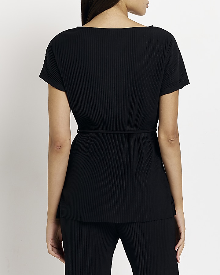 Black plisse belted top | River Island