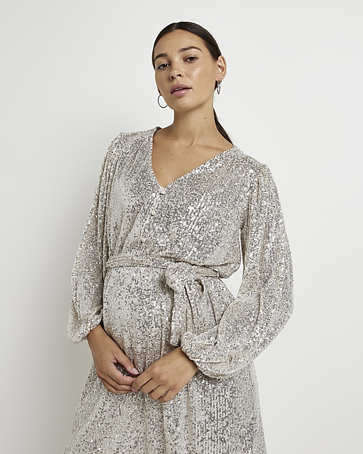 Gold sequin maternity belted mini dress | River Island