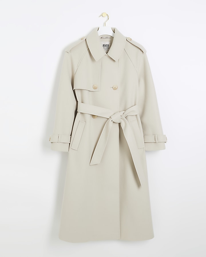 Cream belted longline trench coat | River Island