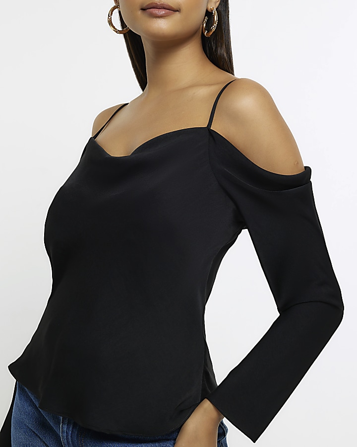 Black long sleeve cold shoulder top | River Island