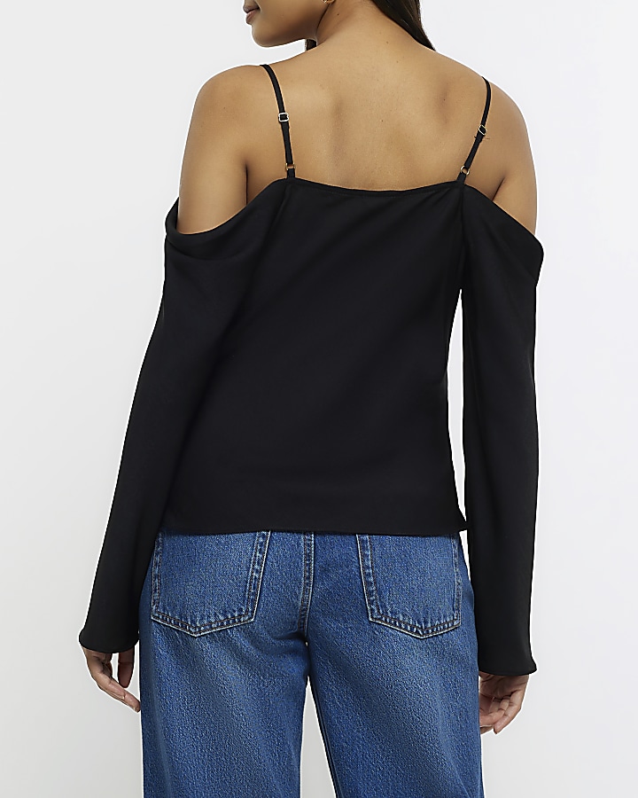 Black long sleeve cold shoulder top | River Island