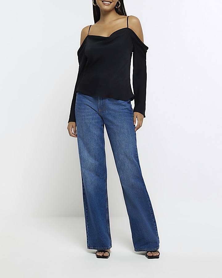 Black long sleeve cold shoulder top | River Island