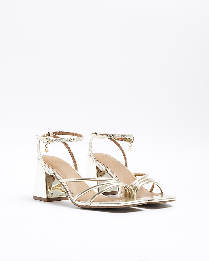 Gold block heeled sandals | River Island
