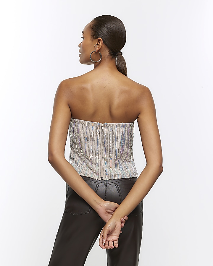 Gold sequin bandeau top | River Island