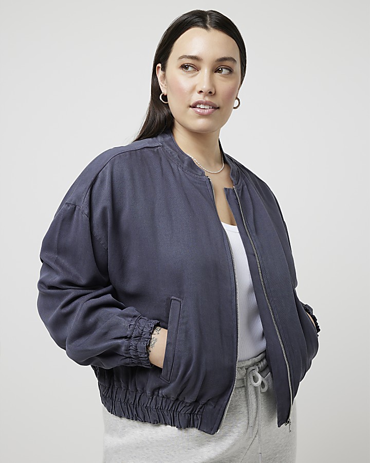Plus navy lyocell casual bomber jacket | River Island