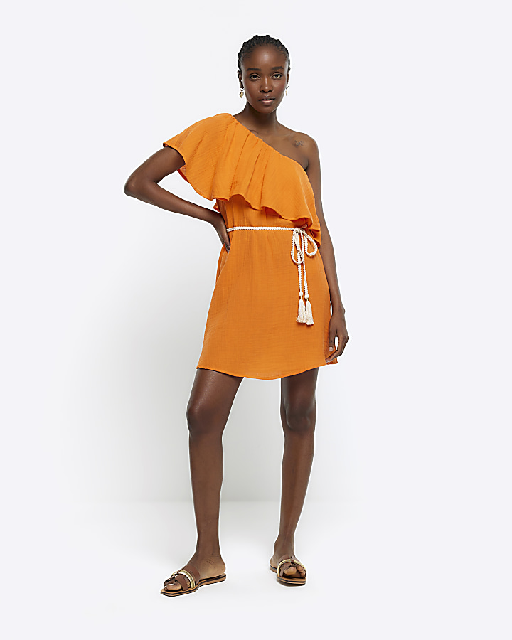 Orange off shoulder belted shift mini dress | River Island