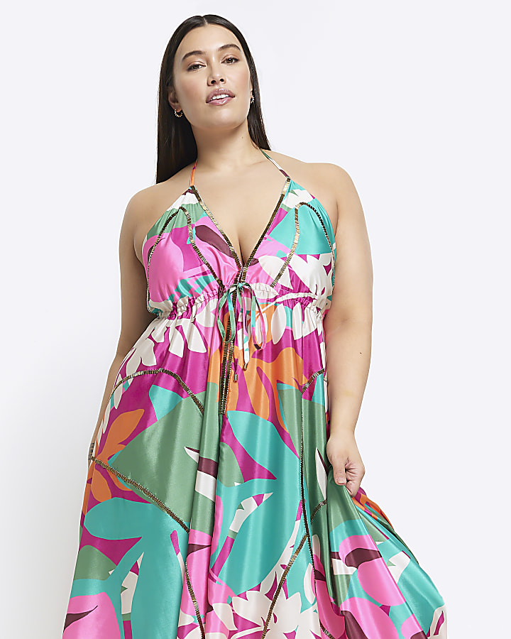Plus purple floral open back beach maxi dress | River Island