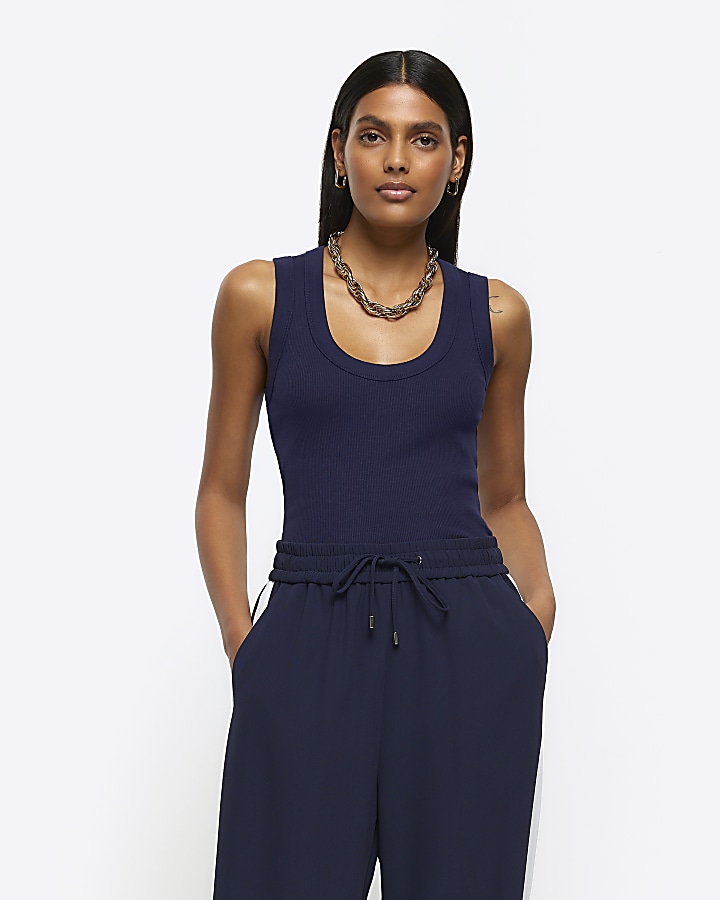Navy ribbed scoop vest top | River Island