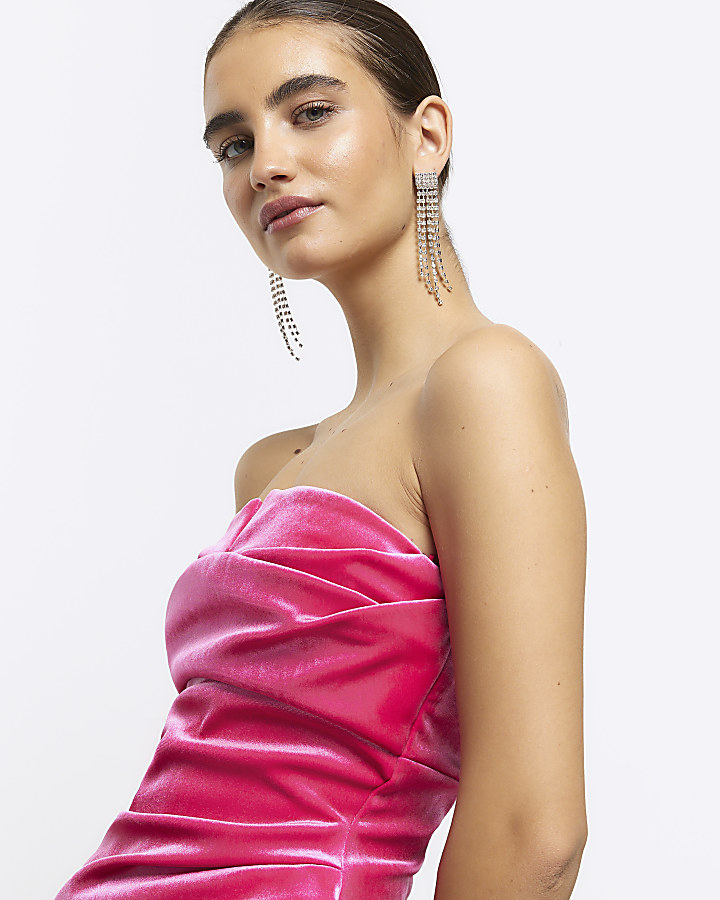 Pink velvet ruched bandeau top | River Island