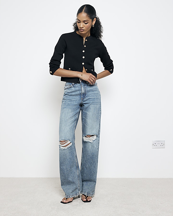 Blue high waisted relaxed straight rip jeans | River Island