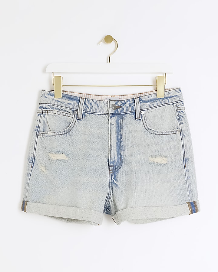 Blue high waisted ripped denim shorts | River Island