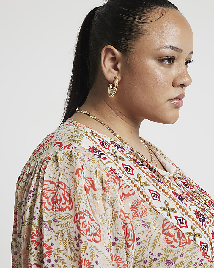 Plus cream floral embroidered smock top | River Island