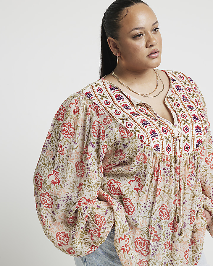 Plus cream floral embroidered smock top | River Island