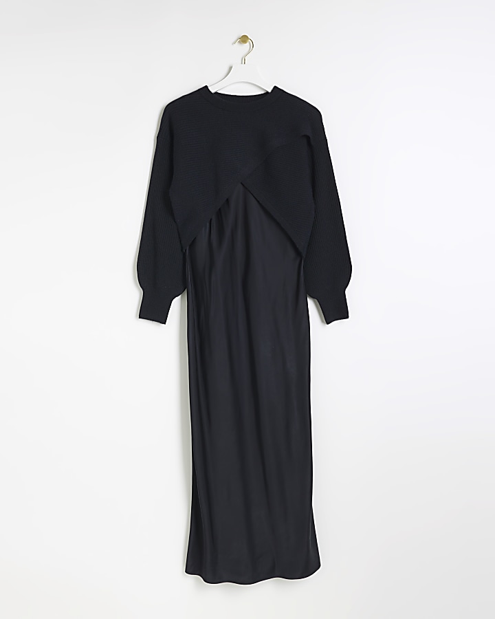 Navy Satin Hybrid Slip Midi Dress River Island