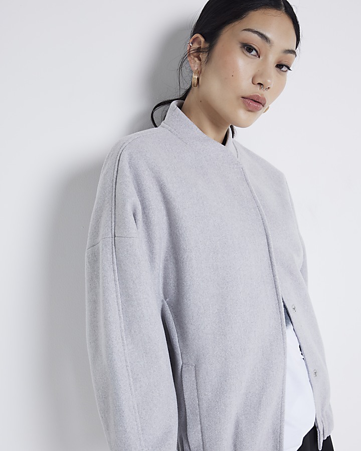 Grey button up bomber jacket | River Island