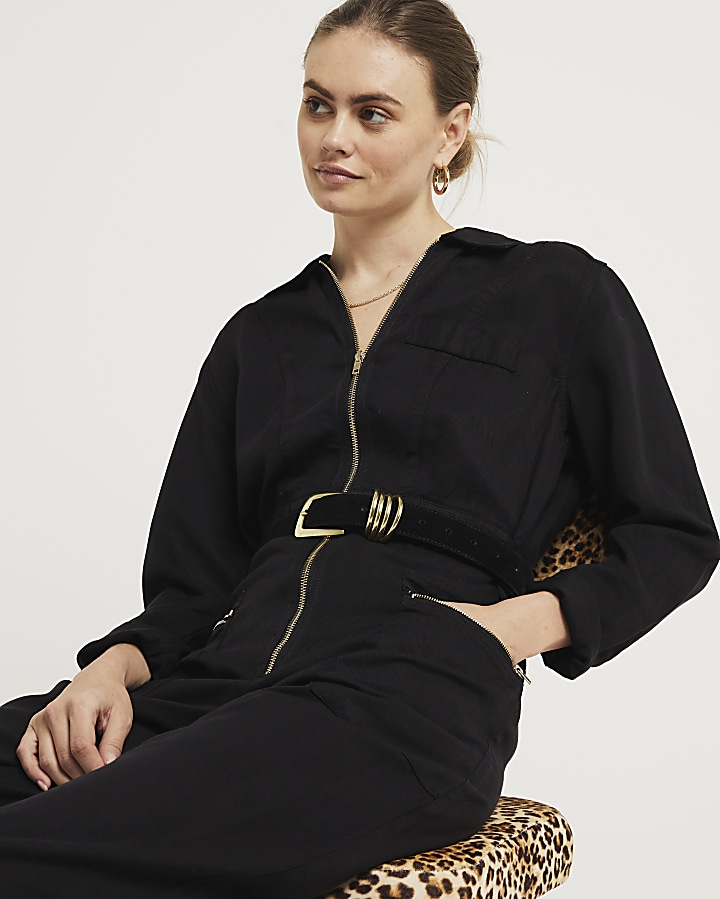 Black zip up jumpsuit | River Island