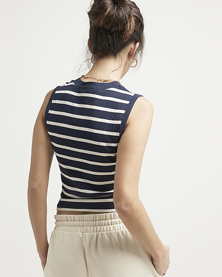 Navy rib stripe tank top | River Island