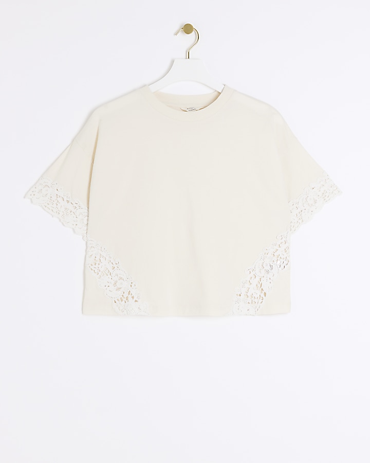 Beige lace panel t-shirt | River Island