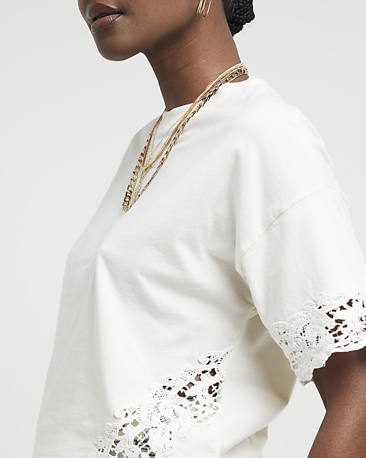 Beige lace panel t-shirt | River Island