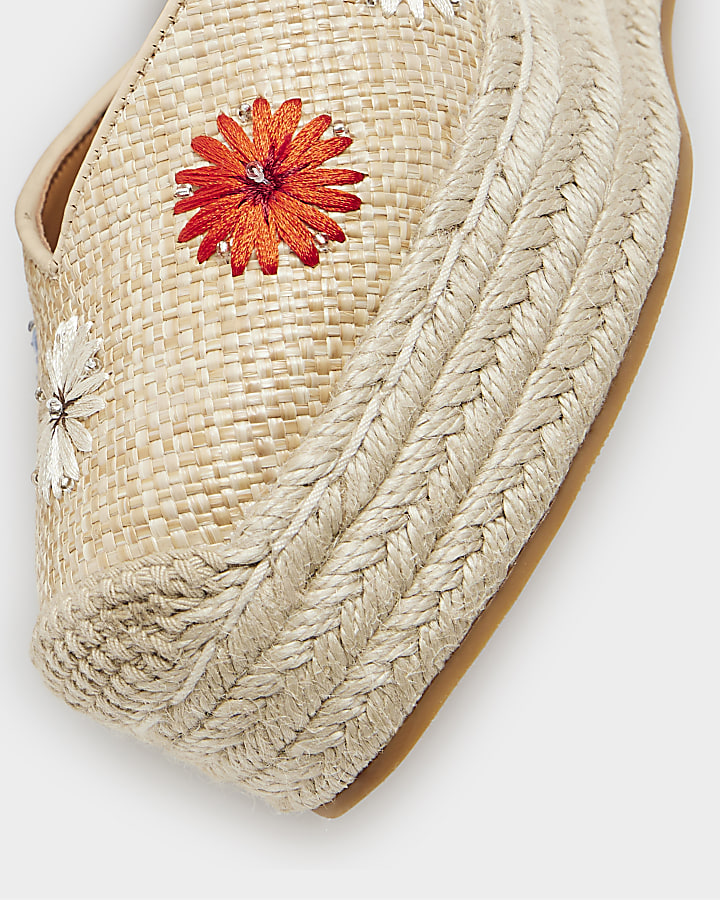 Beige embroidered espadrille wedge sandals | River Island