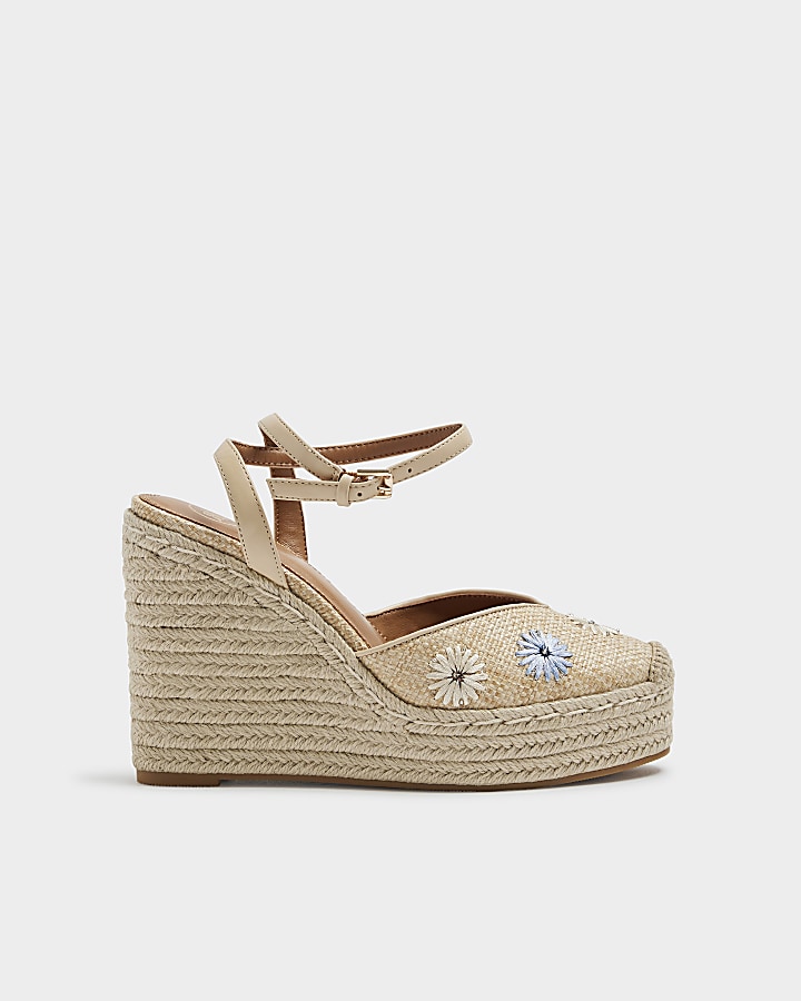 Beige embroidered espadrille wedge sandals | River Island