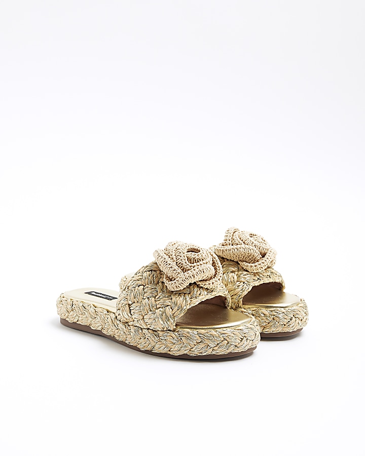 Gold Crochet Flower Flatform Sandals | River Island