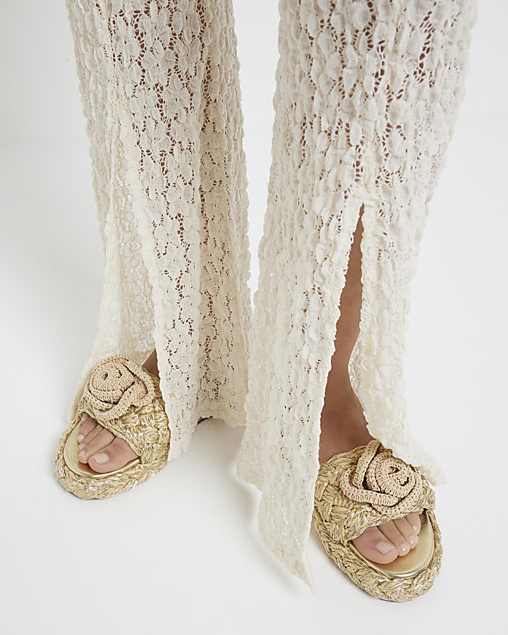 Gold Crochet Flower Flatform Sandals | River Island