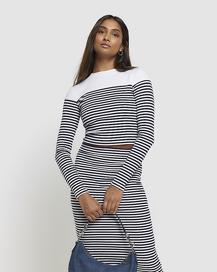 White Long Sleeve Stripe ribbed Cropped Top | River Island