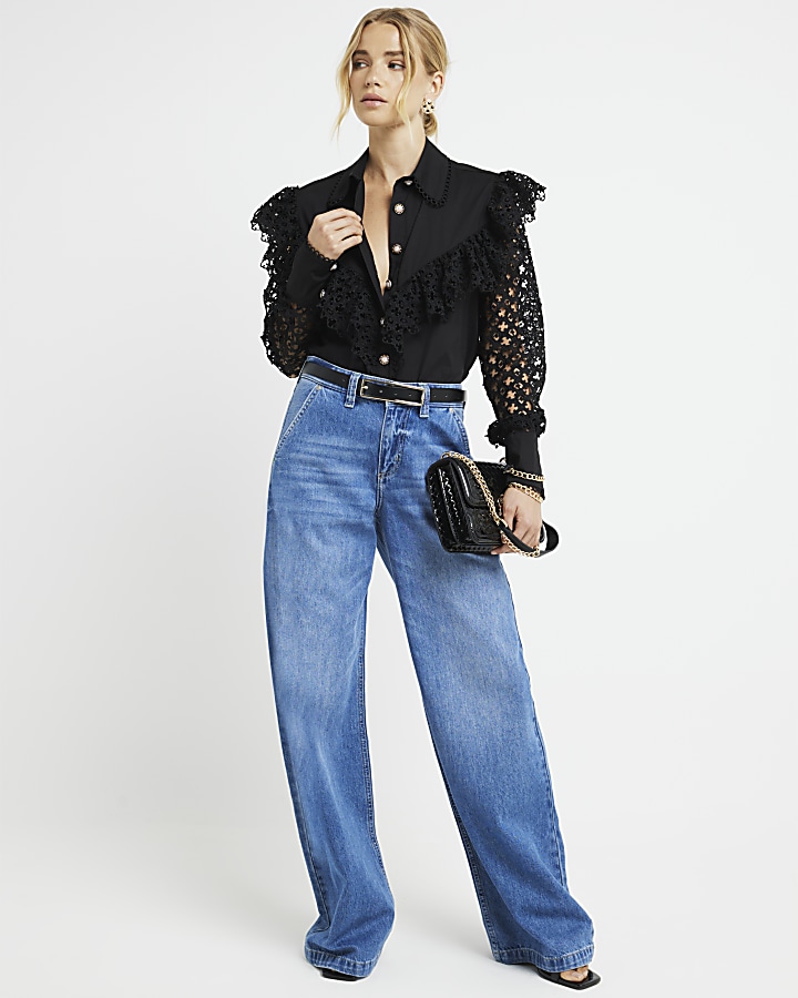Black Lace Frill Long Sleeve Blouse River Island