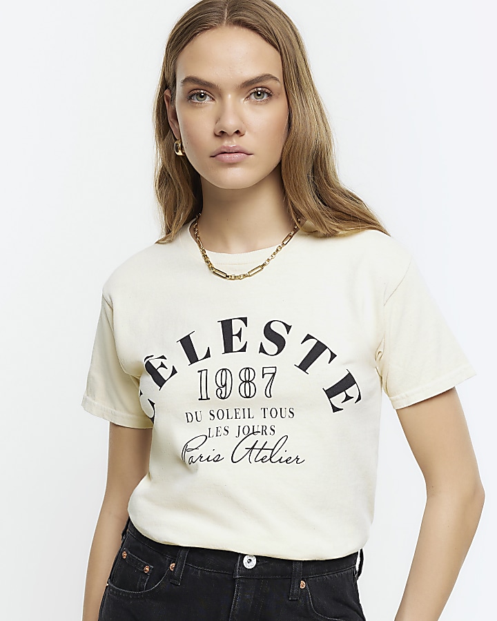Cream Graphic Crop T Shirt River Island