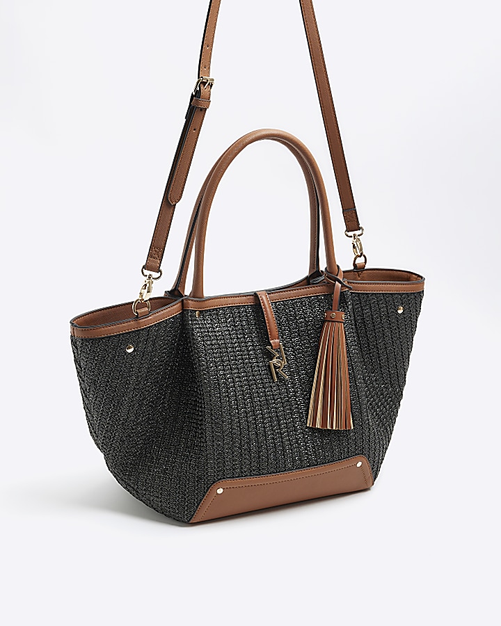 Black raffia large tote bag | River Island