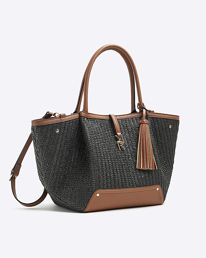 Black raffia large tote bag | River Island