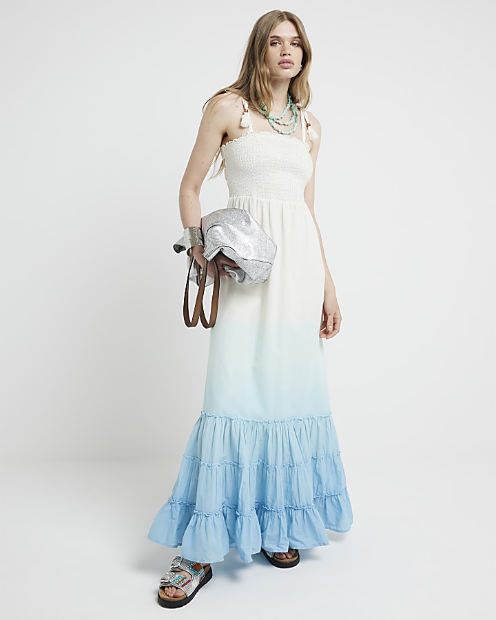 Blue ombre shirred beach maxi dress | River Island